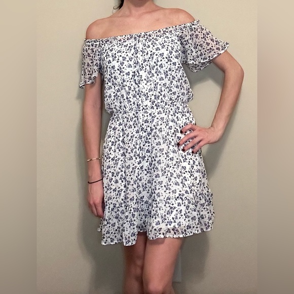 Sienna Sky | Dresses | Sienna Sky White Off Shoulder Dress With Blue ...